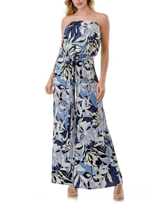 O.L. Chevron Print Strapless Wide Leg Jumpsuit in Blue | Lyst