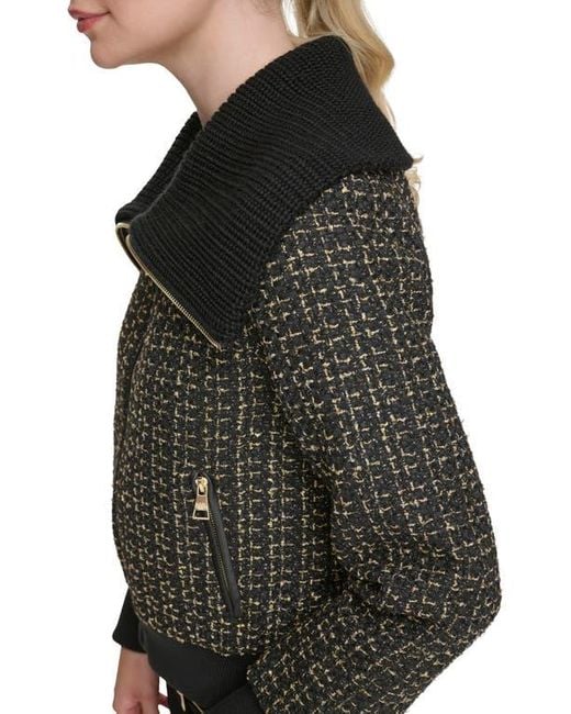 Karl Lagerfeld Knit Collar Metallic Tweed Bomber Jacket in Black | Lyst