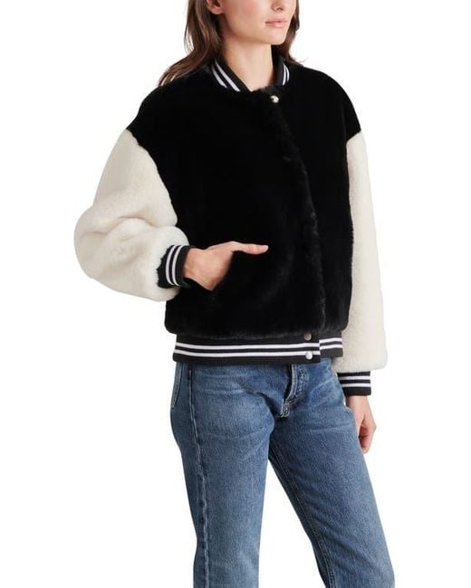 Steve Madden Faux Fur Varsity Jacket in Black | Lyst