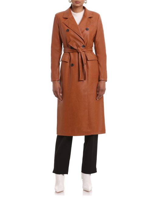 Avec Les Filles Belted Faux Leather Trench Coat In Brown Lyst