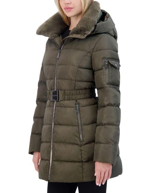 Laundry by Shelli Segal Faux Fur Trim Hooded Belted Puffer Jacket in Gray | Lyst