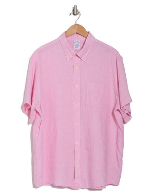 Brooks Brothers Regular Fit Solid Short Sleeve Linen Button-Down Shirt in Pink for Men | Lyst