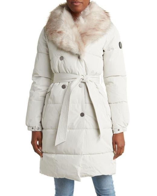 Noize Harriet Faux Fur Collar Puffer Jacket in Natural | Lyst
