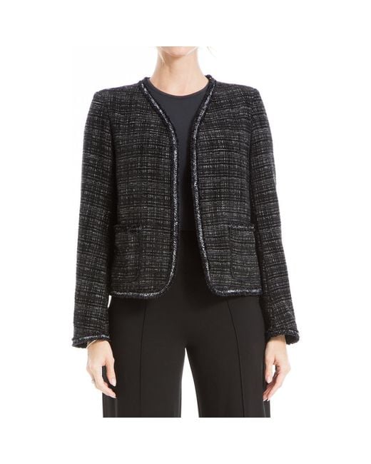 Max Studio Frayed Edge Tweed Jacket in Black | Lyst