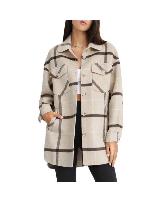 Belle & Bloom Rivers Edge Plaid Wool Shacket in Natural | Lyst