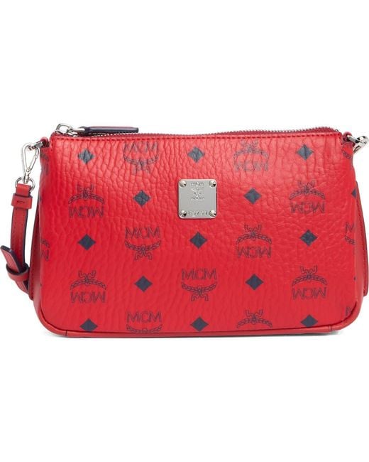 MCM Monogrammed Leather Shoulder Bag in Red | Lyst