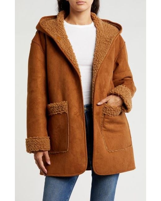Lucky Brand Faux Shearling Lined Hooded Coat in Brown | Lyst