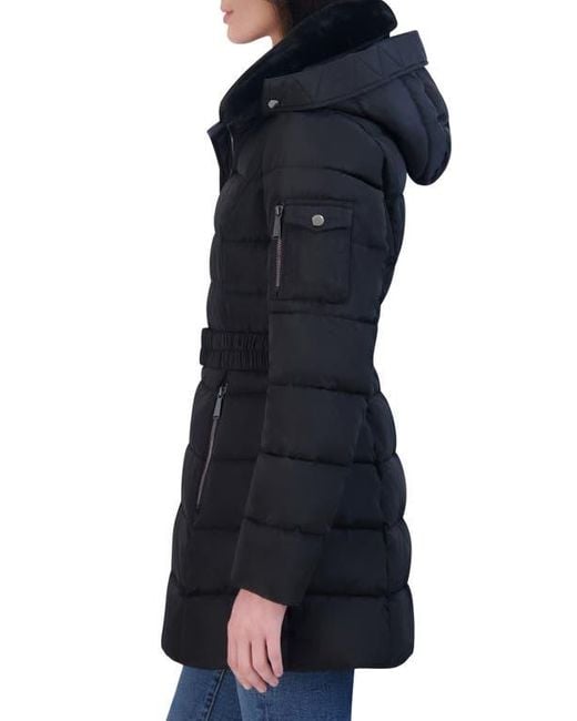 Laundry by Shelli Segal Faux Fur Trim Hooded Belted Puffer Jacket in Black | Lyst