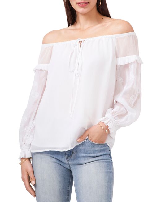 Vince Camuto Off The Shoulder Embroidered Sheer Sleeve Blouse In Ultra