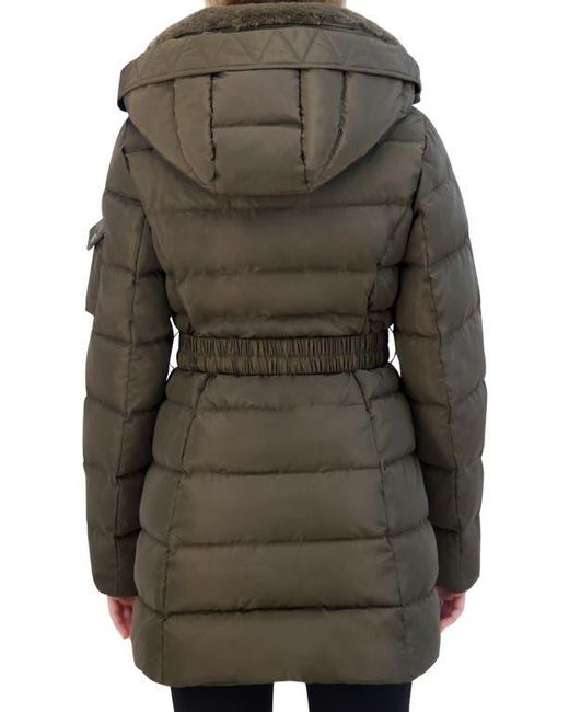 Laundry by Shelli Segal Faux Fur Trim Hooded Belted Puffer Jacket in Gray | Lyst