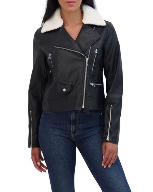 Sebby Faux Shearling Collared Faux Leather Jacket in Blue | Lyst