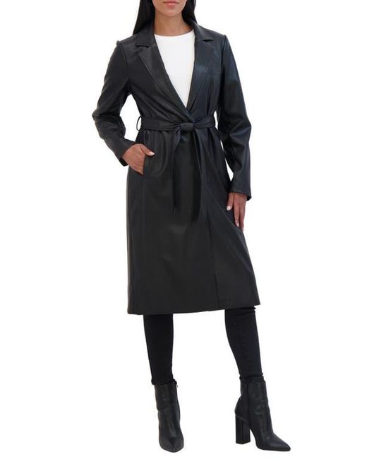 Sebby Belted Longline Faux Leather Trench Coat in Black | Lyst