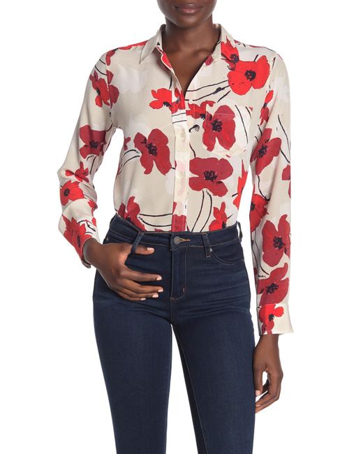 J Crew Silk Poppy Print Blouse In Red Lyst