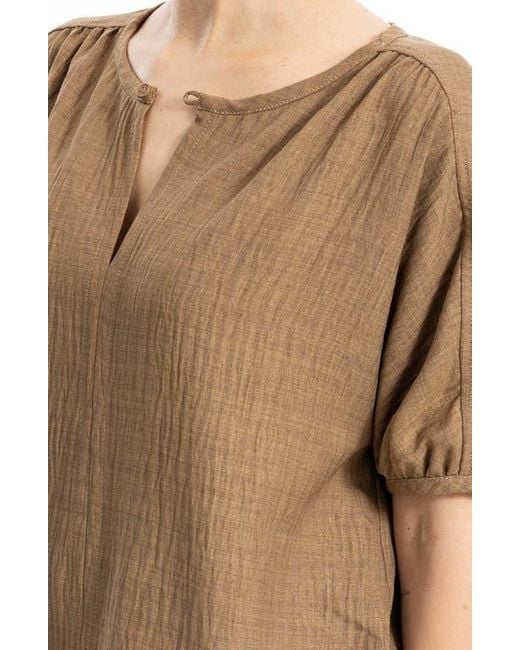 Max Studio Short Sleeve Split Neck Blouse in Brown | Lyst