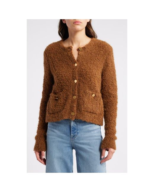 FRAME Patch Pocket Bouclé Cardigan in Brown | Lyst