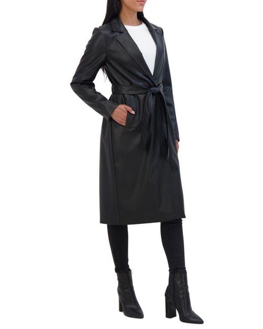 Sebby Belted Longline Faux Leather Trench Coat in Black | Lyst
