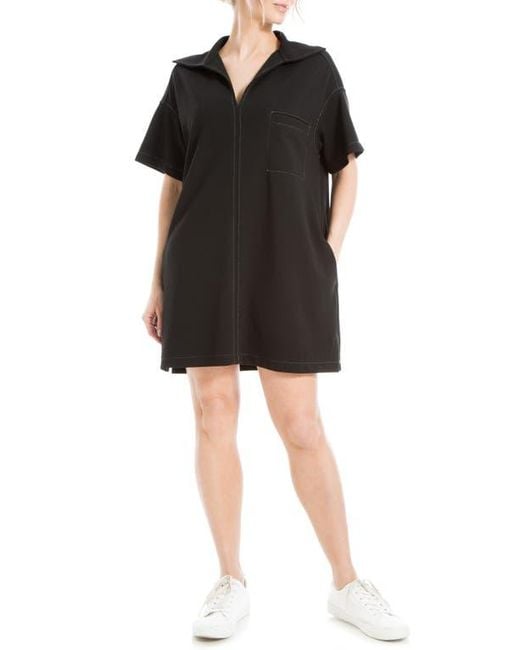 Max Studio Collared Contrast Stitch Shift Dress in Black | Lyst
