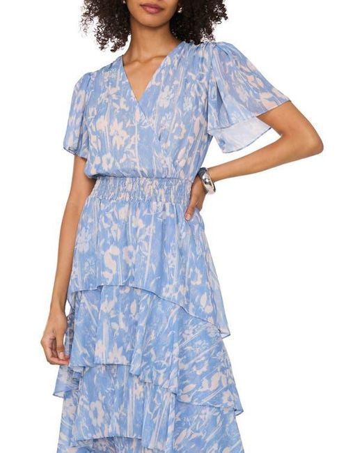 Vince Camuto Floral Print Flutter Sleeve Tiered Ruffle Midi Dress