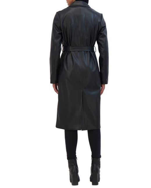 Sebby Belted Longline Faux Leather Trench Coat in Black | Lyst