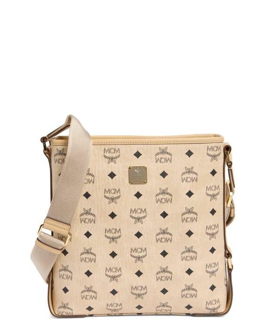 MCM Monogrammed Leather Messenger Bag in Natural | Lyst