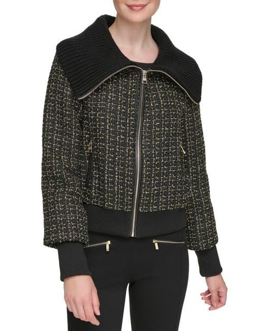 Karl Lagerfeld Knit Collar Metallic Tweed Bomber Jacket in Black | Lyst
