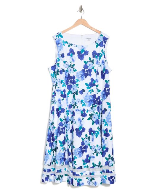 Calvin Klein Floral Illusion Stripe Fit And Flare Midi Dress In Capri