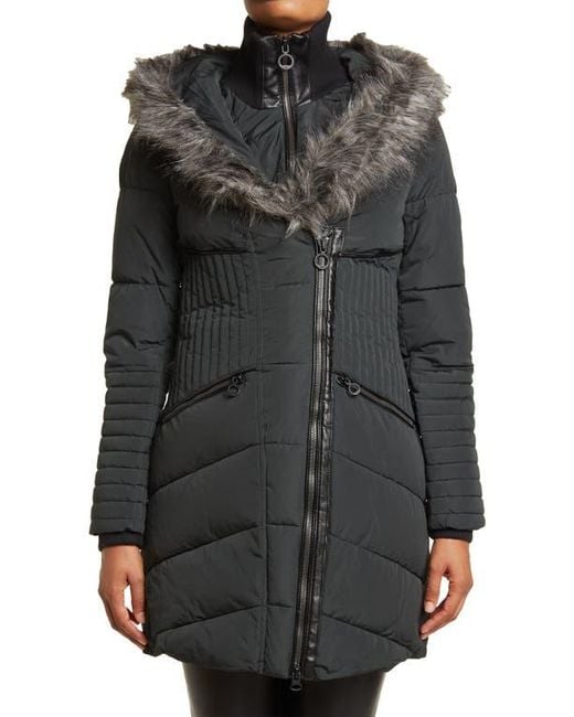 Noize Gigi Vegan Faux Fur Trim Quilted Parka in Black | Lyst
