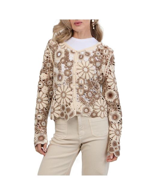 Saachi Flower Open Stitch Cardigan in Natural | Lyst