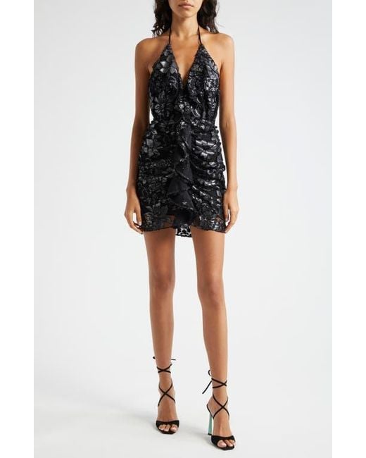 Ramy Brook Hackett Metallic Floral Halter Minidress in Black | Lyst