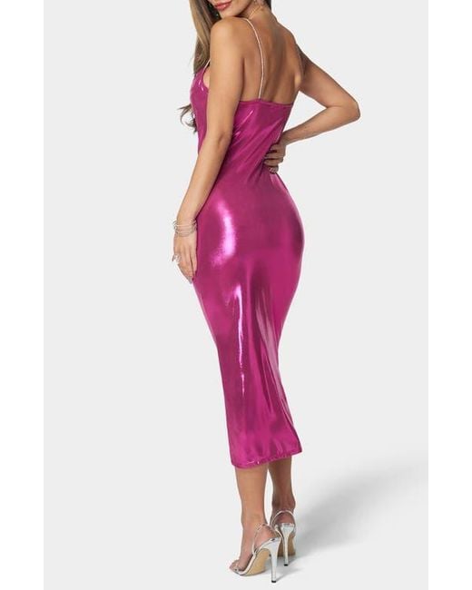Bebe Metallic Satin Midi Dress in Pink | Lyst