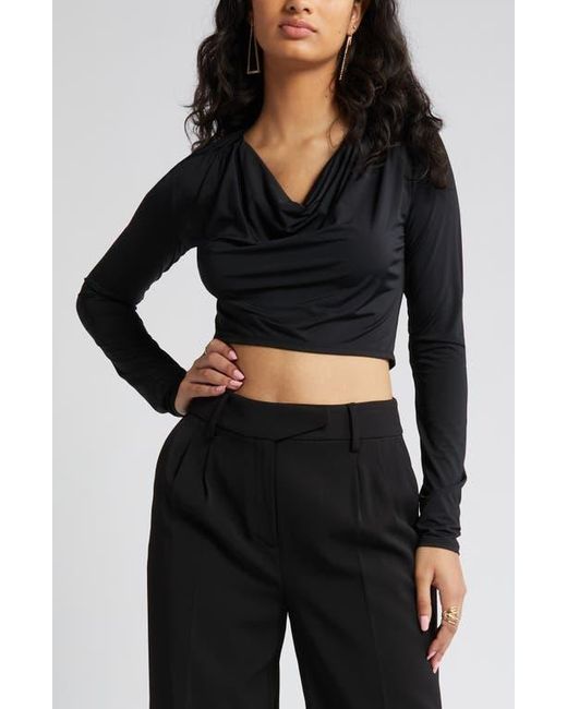 Open Edit Cowl Neck Long Sleeve Crop Top in Black | Lyst