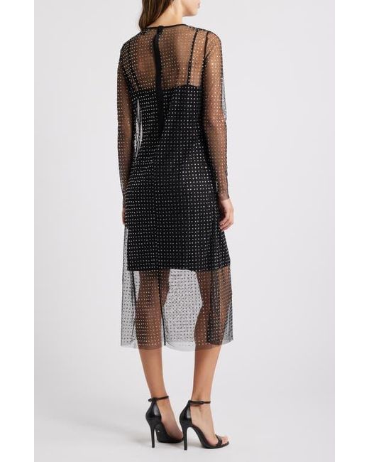 Halogen® Crystal Detail Long Sleeve Mesh Overlay Midi Dress in Black | Lyst