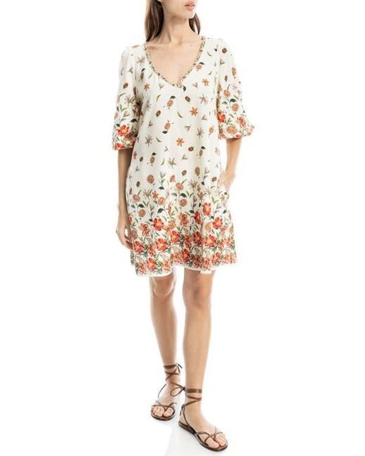 Max Studio Floral Puff Sleeve Trapeze Dress in Natural | Lyst