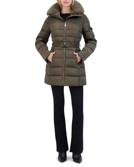 Laundry by Shelli Segal Faux Fur Trim Hooded Belted Puffer Jacket in Gray | Lyst