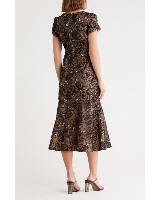 MILLY Tahlia Rose Embroidered Cap Sleeve Midi Dress in Brown | Lyst