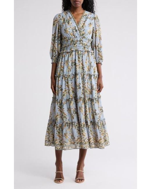 Max Studio Floral Balloon Sleeve Tiered Maxi Dress in Gray | Lyst