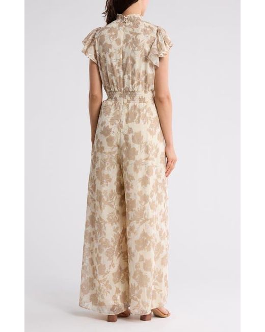 Halogen® Floral Smocked Neck Jumpsuit in Natural | Lyst