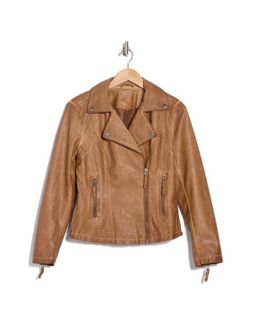 Max Studio Maxstudio Washed Faux Leather Moto Jacket in Brown | Lyst