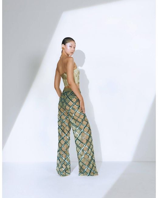 MANNATT GUPTA Embellished Sheer Pants In Pastel Olive Green | Lyst