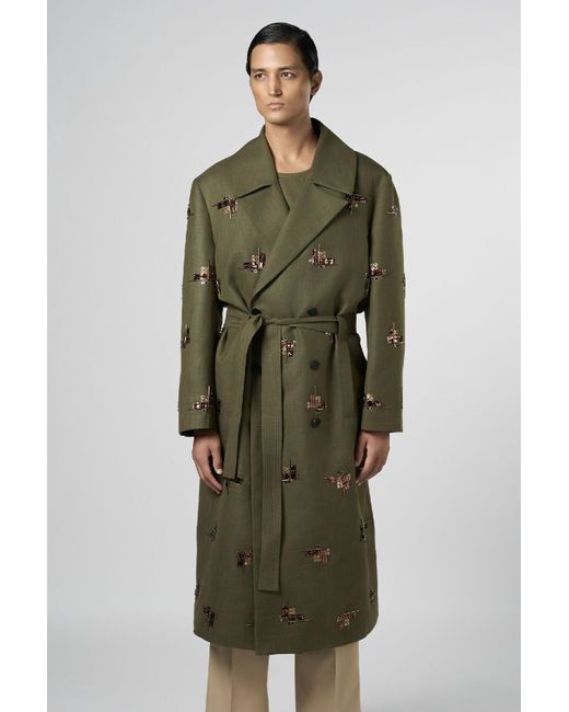 Line Outline Beam Embroidered Motif Trench in Green | Lyst