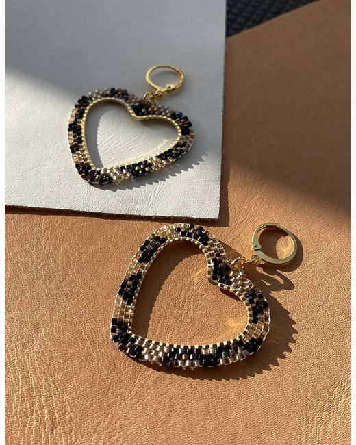 SHH BY SADIE Hand Beaded Leopard Print Heart Hoop Earrings in Metallic ...