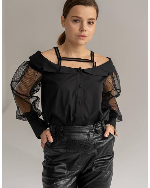 7/11 Seven Eleven Blouse Without Shoulders Black Mesh Sleeve | Lyst