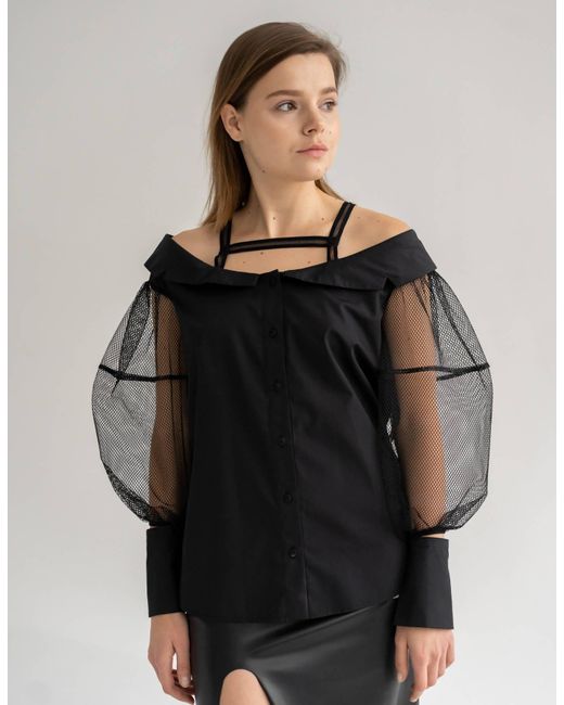 7/11 Seven Eleven Blouse Without Shoulders Black Mesh Sleeve | Lyst