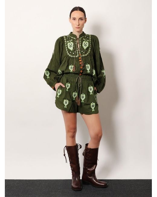 FARM Rio Embroidered Puff Sleeve Shirt in Green | Lyst UK
