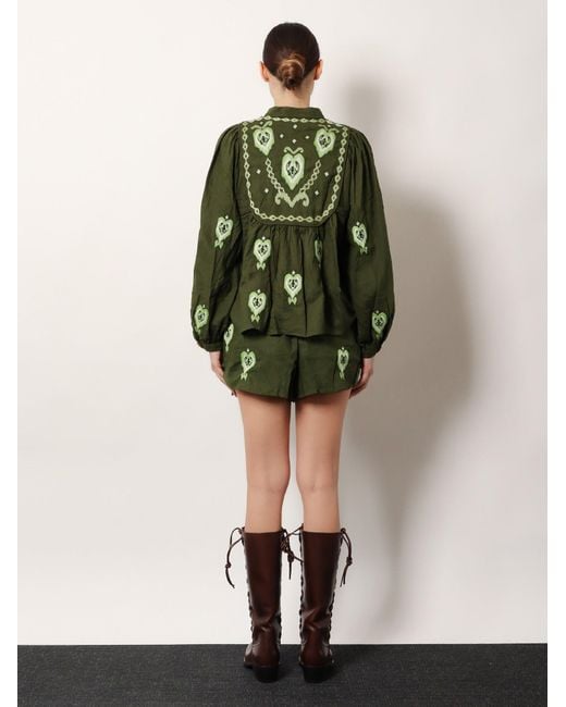 FARM Rio Embroidered Puff Sleeve Shirt in Green | Lyst UK