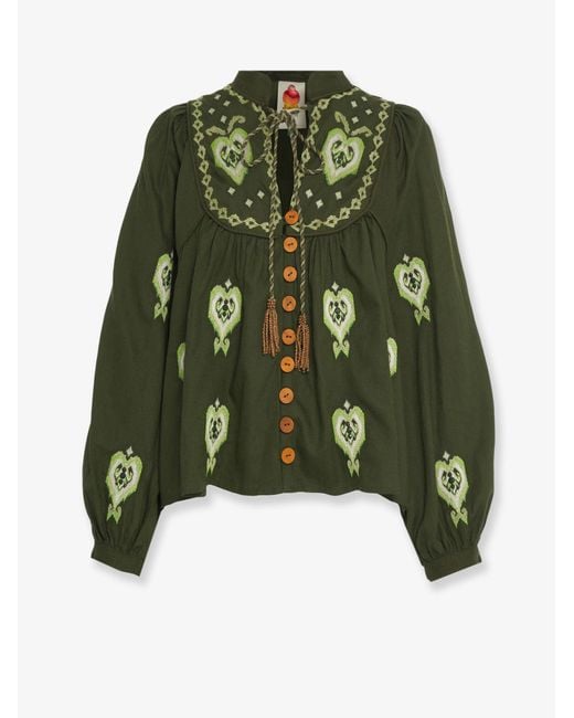 FARM Rio Embroidered Puff Sleeve Shirt in Green | Lyst UK