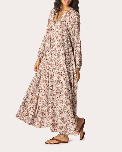 Natalie Martin Fiore Floral Pleated A-Line Maxi Dress in Natural | Lyst