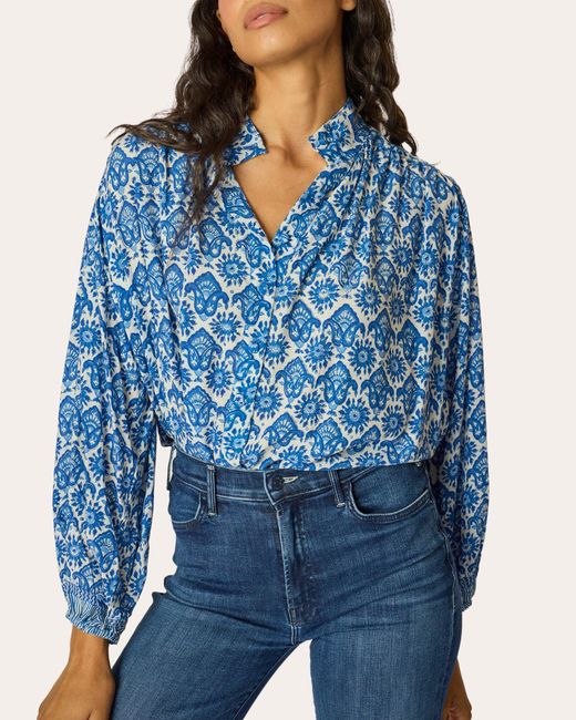 Natalie Martin Iris Fleur De Lis Button-Up Peasant Top in Blue | Lyst