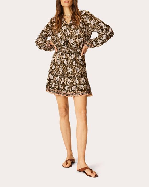 Natalie Martin Maggie Floral Tie-Neck Ruffle Mini Dress in Natural | Lyst