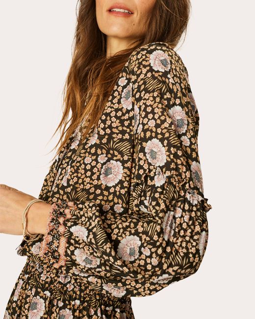 Natalie Martin Maggie Floral Tie-Neck Ruffle Mini Dress in Natural | Lyst